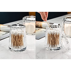 RAYYXP 2 Pack Qtips Holder 10 Oz Clear Plastic with Lid Cotton Swab Container Bathroom Apothecary Storage Jars, Vanity Countertop Canister for Qtips,Cotton Balls,Swabs,Round Pads,Makeup Sponges