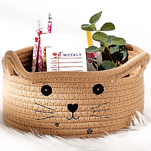 Zopeal Cat Basket Storage Woven Basket Organizer with Ears Decorative Pet Toy Cute Basket Cotton Rope Basket for Gift Cat Dog Toy Bin Nursery Room Kid (Khaki,8.3 x 4.7 Inch)