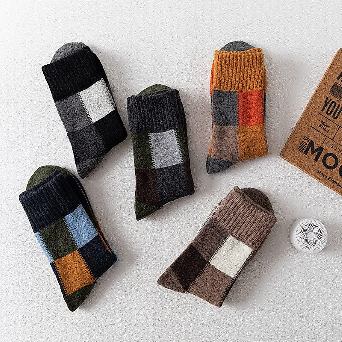5 Pairs Men's Winter Wool Socks Warm Thick Thermal Socks for Men Nordic Hiking Warm Soft Stripe Splicing Retro Socks Men Size 7-11