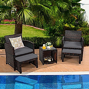 Tangkula 5 Pieces Patio Rattan Furniture Set, Outdoor Conversation Set with Cushioned Chair & Ottoman & Tempered Glass Coffee Table, All Weather Patio Sofa Sets for Garden, Backyard, Poolside (Grey)