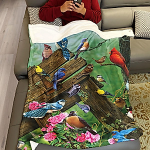 KLRIGR Soft Cozy Fleece Throw Blanket for Couch, Birds and Flowers, 50X60 Inches