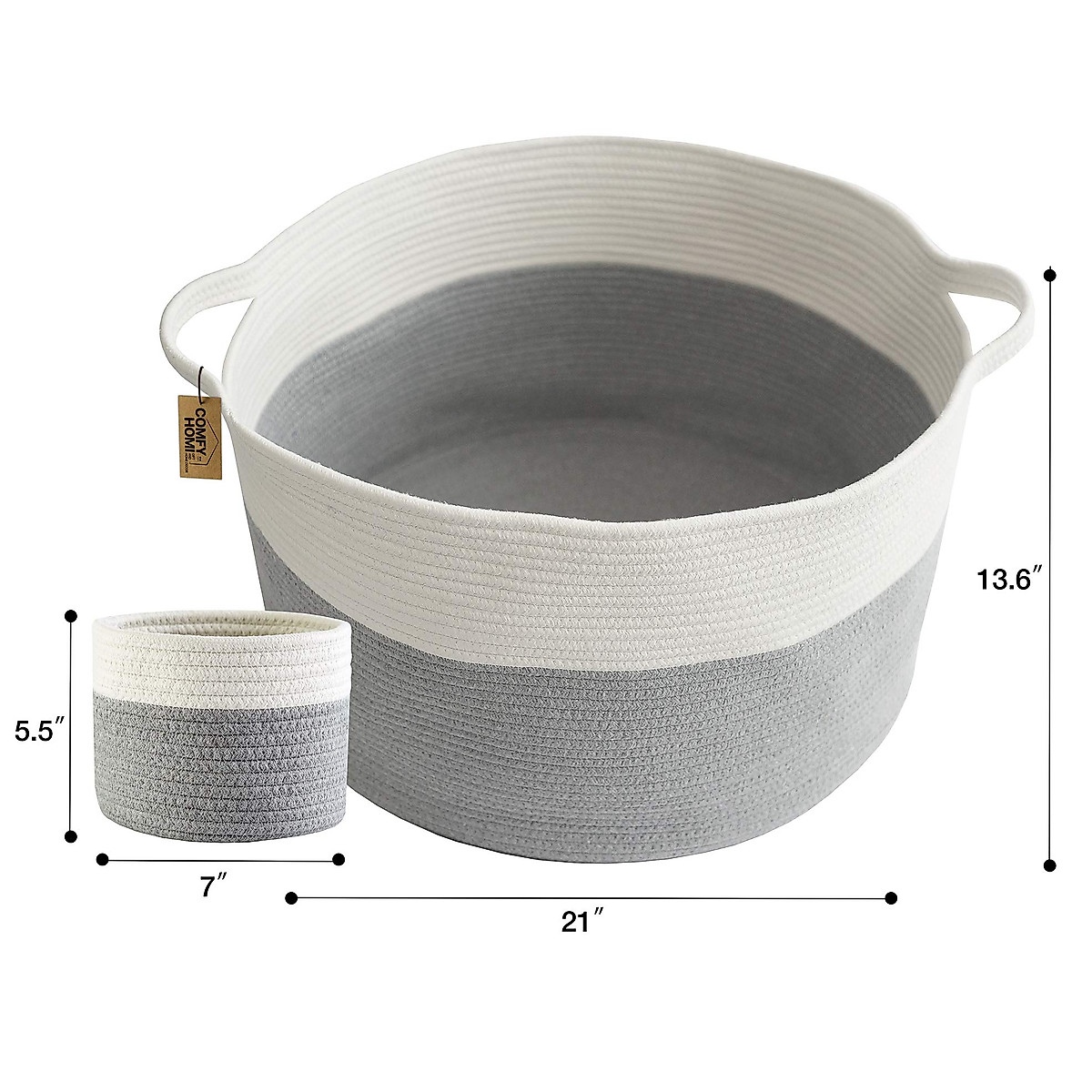 COMFY-HOMI 4pc Baskets = 1pc 21x21x13.6”Rope Laundry Basket + 1pc Tall Rope Baskets 18X16”with Handle Laundry Storage Bin + 2pc Small Gift Baskets - White and Grey