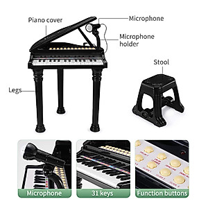 Kids Piano Keyboard Toys 31 Keys,Grand Piano for Beginners,3 4 5 6 Years Old Toddler Girl Boy Gift,Educational Musical Instrument,w/Microphone,Stool,Piano Lid,Lights,Note Stickers,Enamel Finish- Black