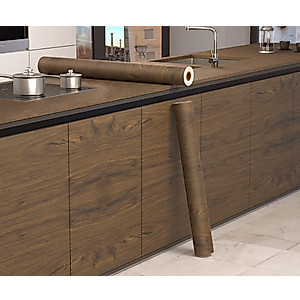 Oxdigi Wood Contact Paper for Cabinets Self-Adhesive Film for Kitchen Countertop Peel & Stick Wallpaper Waterproof Removable 16 x 79 inches Dark Brown