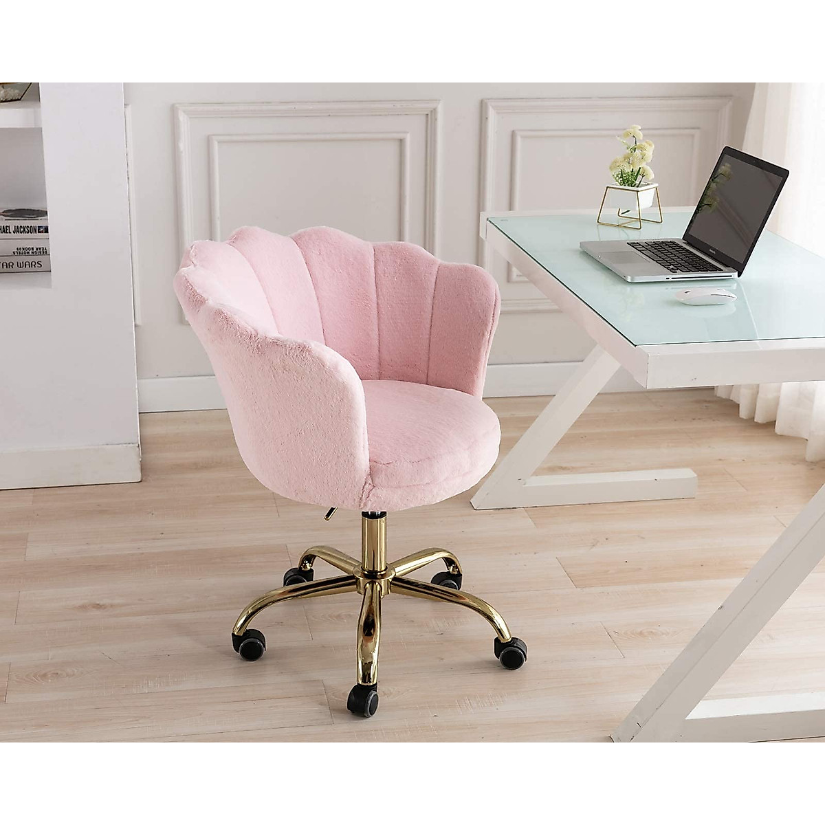 Pink Desk Chair Fluffy Task Vanity Chair Home Office Chair Adjustable Rolling Swivel Chair with Wheels for Teens Adults Bedroom Study Room, Faux Fur