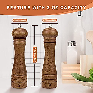 XWXO Wood Salt and Pepper Grinder Set, Salt Mill Pepper Grinder Set, Pepper Mill, Salt Shakers with Adjustable Ceramic Rotor- Oak Wood Pepper Grinder for Your Kitchen 8 inches - Pack of 2