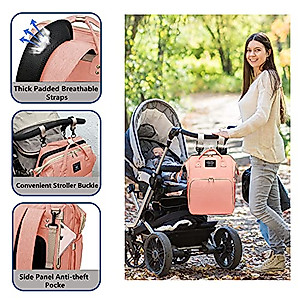 Lamroro Diaper Bag Backpack Foldable Baby Bed, Diaper Changing Station with USB Charging Port, Waterproof Multi-Functional Girl Boy Mom Travel Baby Diaper Bag, Large Capacity, Pink, 16.5x9x13 Inch