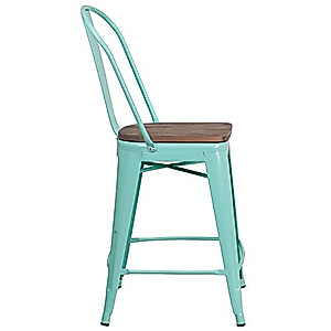 Flash Furniture 4 Pk. 24" High Mint Green Metal Counter Height Stool with Back and Wood Seat