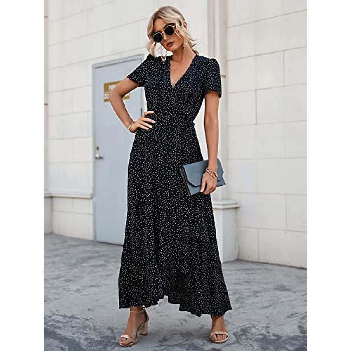 PRETTYGARDEN Women's Summer Wrap Maxi Dress Casual Boho Floral V Neck Short Sleeve Ruffle Hem Split Beach Long Dresses (Black Polka Dot,X-Large)