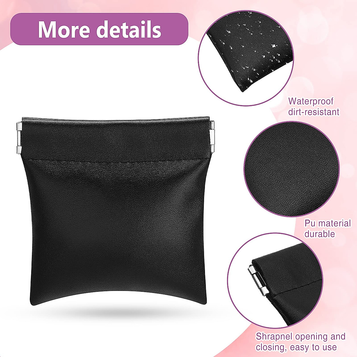 6 Pcs PU Squeeze Coin Purse, Black Pouch Change Holder, Waterproof Portable Small Makeup Bag Storage Travel for Cosmetics Headphones Jewelry for Women