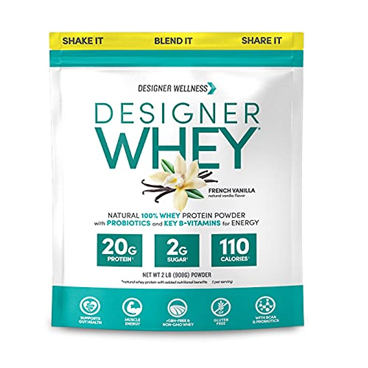 Designer Wellness, Designer Whey, Natural Protein Powder with Probiotics, Fiber, and Key B-Vitamins for Energy, Gluten-Free, French Vanilla, 2 lb