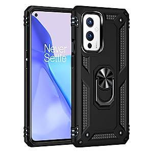 Dionsibei Military Grade Drop Impact for Oneplus 9 Case Oneplus 9 5G Case 360 Metal Rotating Ring Kickstand Holder Armor Heavy Duty Shockproof Case for Oneplus 9 Phone Case (Black)