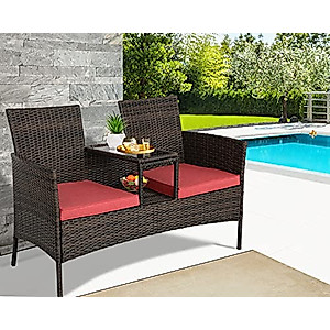 BPTD Outdoor Patio Loveseat Patio Furniture Set Rattan Patio Bistro Set Wicker Conversation Furniture Sets with Cushios and Built-in Coffee Table for Balcony, Lawn, Backyard (Brown/Red)