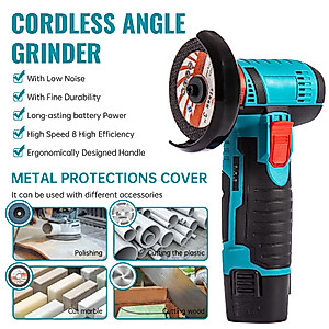 Housiwill Angle Grinder Tool, Mini Angle Grinder, Cordless Electric Angle Grinding Tool 12V 19500RPM with 2PCS 2000mAh Battery, Nylon Cutting Blade-s/Grinding Disc/Metal Cutting Disc (Green+blue)