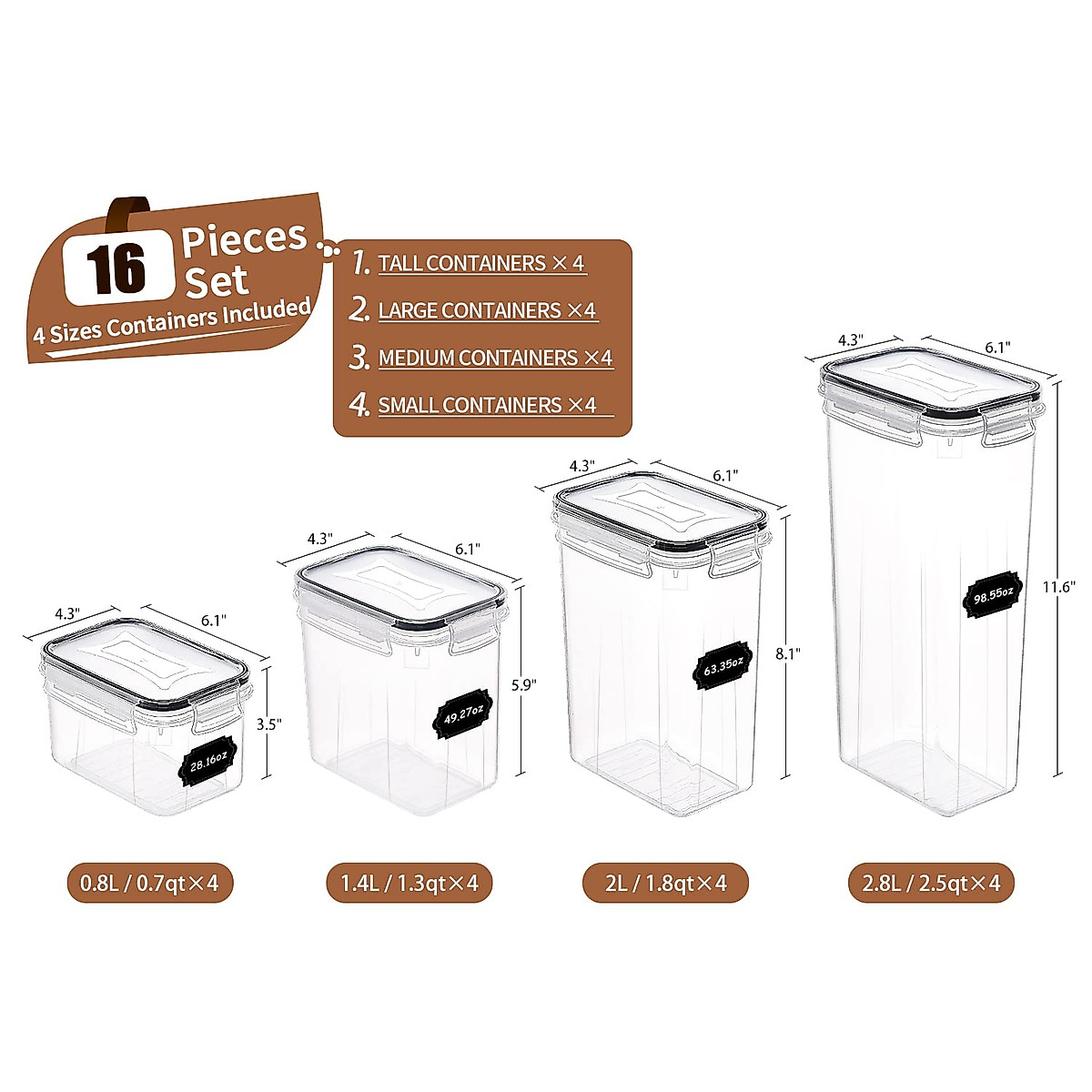 PRAKI 16PCS Airtight Food Storage Containers and 10PCS Large Flour and Sugar Containers