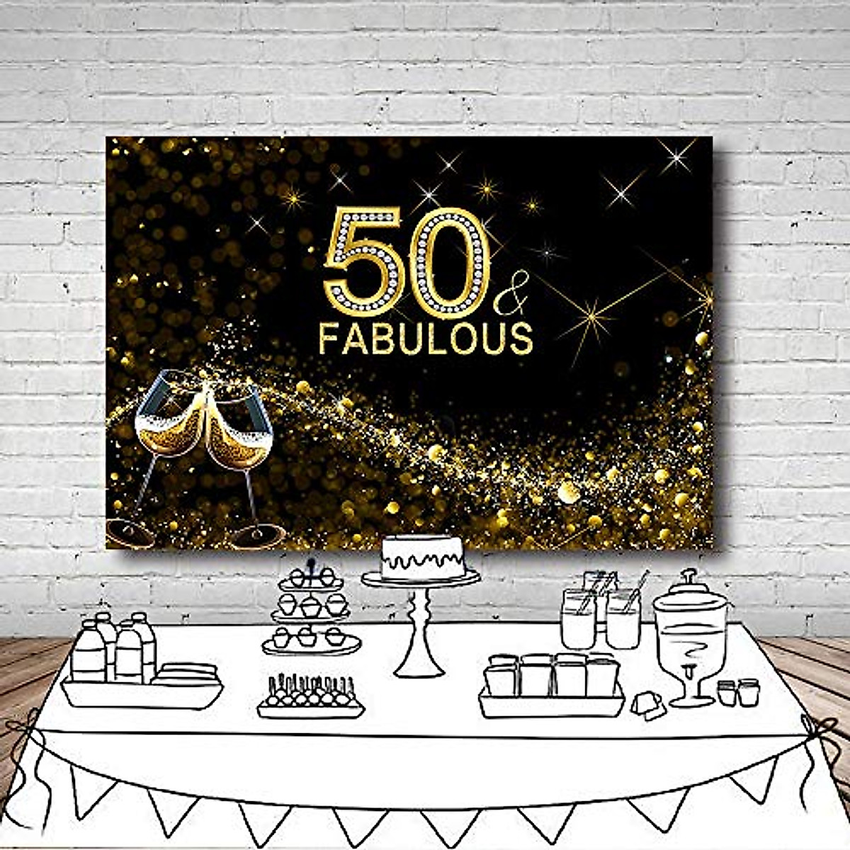 MEHOFOTO Glitter Gold and Black 50 and Fabulous Photo Studio Booth Background Wine Glass Bokeh Shiny Adult Happy 50th Birthday Party Decoration Banner Backdrops for Photography 7x5ft