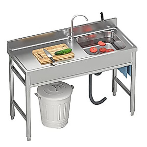 Free Standing Kitchen Sink, 1 Compartment Stainless Steel Sink with Workbench, Commercial Restaurant Sink Set Prep & Utility Washing Hand Basin for Indoor Outdoor ( Color : A , Size : 100*50*80cm/39.6
