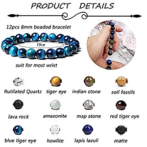 FINZOR 12 Pcs 8mm Gemstones Beaded Bracelets for Men Women Semi-Precious Stone Healing Stretch Round Bead Crystal Bracelets Unisex