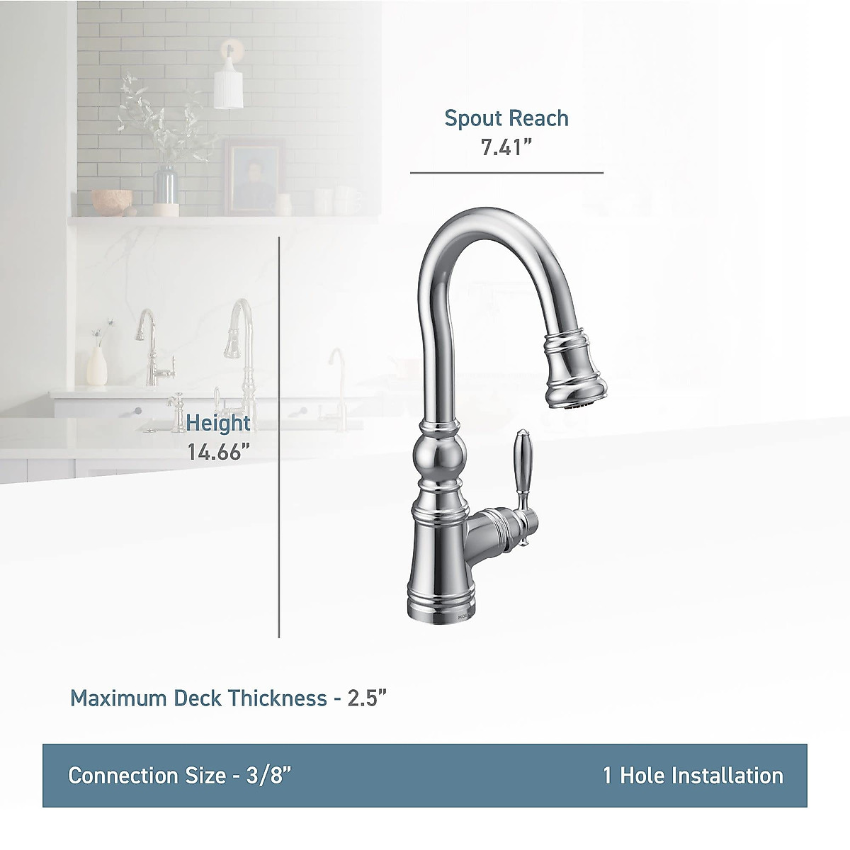 Moen S53004BG Weymouth Shepherd's Hook Pulldown Kitchen Bar Faucet Featuring Metal Wand with Power Clean, Brushed Gold