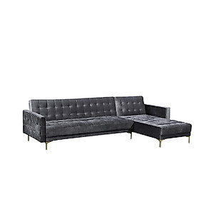 Iconic Home Amandal Convertible Sofa Sleeper Bed L Shape Chaise Tufted Velvet Upholstered Gold Tone Metal Y-Leg Modern Contemporary, Right Facing Sectional, Grey Velvet