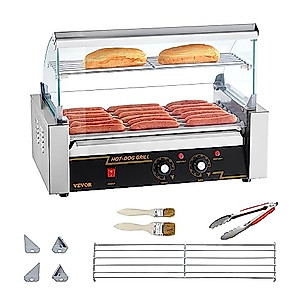 VEVOR Hot Dog Roller 7 Rollers 18 Hot Dogs Capacity 1050W Stainless Sausage Grill Cooker Machine with Dual Temp Control Glass Hood Acrylic Cover Bun Warmer Shelf Removable Oil Drip Tray, ETL Certified