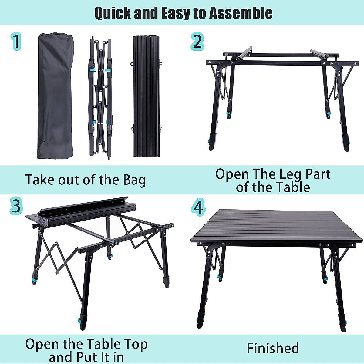 IBEQUEM Aluminum Foldable Table, Outdoor Camping Table Folding, Portable Lightweight Height Adjustable Camping Table with Carry Bag for Indoor Outdoor Travel, Camping Party BBQ Backyard (Black)