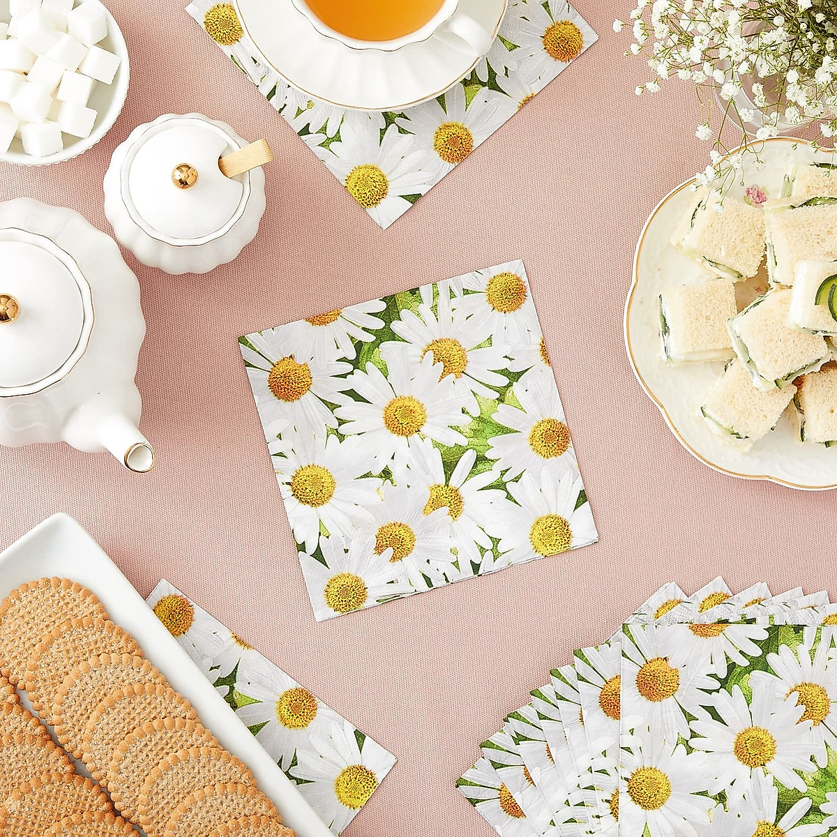 Juvale 100 Pack Decorative Daisy Floral Paper Napkins, 2-Ply, 6.5x6.5”, Napkins for Garden Bridal Shower, Tea Party, Wedding & Decorative Party Supplies