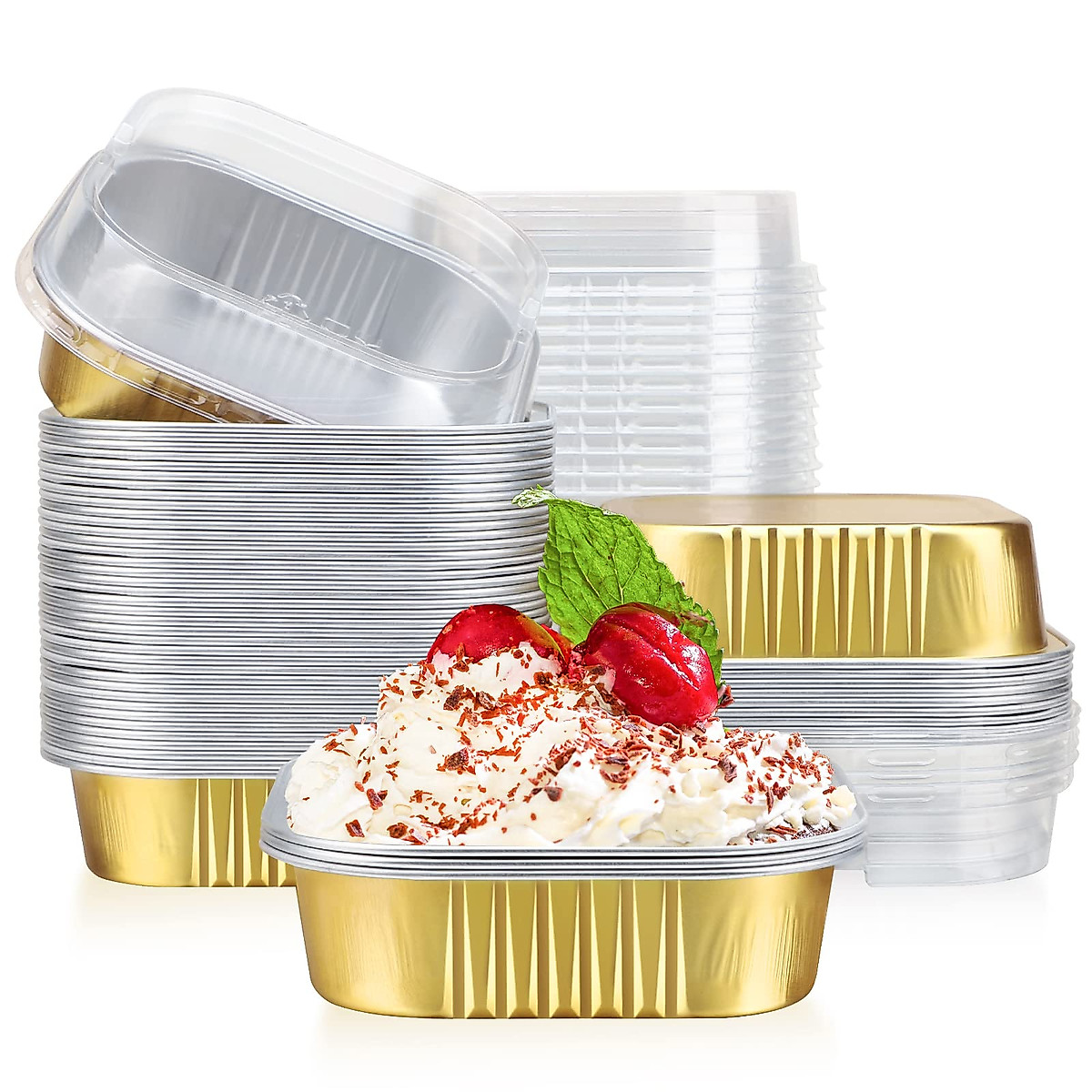 EUSOAR Cupcake Liners with Lids, 8oz 50pcs Gold Aluminum Foil Square Baking Cups Disposable Ramekins Tins for Muffin Pie Lava Cakes Flan Quiche, for Wedding Birthday Christmas Party