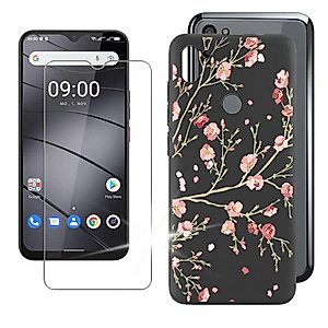Ikiiqii Cover for Gigaset GS5 Lite (6.30") case Shell Soft Silicone TPU Black Phone Protective Cases + 9H Hardness HD Tempered Glass Screen Protector Film Protection -Peach Blossom