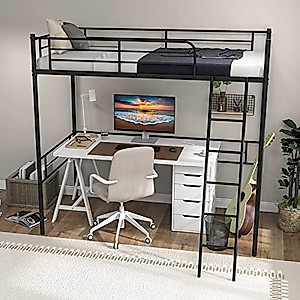 Giantex Metal Loft Bed Twin Size for Juniors & Adults, Loft Bed Frame with Ladder & Safety Guardrail, 61" Under-Bed Space, Space-Saving Twin Bed for Teens, No Box Spring Needed (Black)