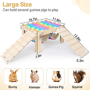 Guinea Pig Hideout with Hammock, Soft Guinea Pig Hammock Wooden Guinea Pig House with Stairs Large Guinea Pig Toys fit Guinea Pig Cages Durable Guinea Pig Accessories for Small Animals