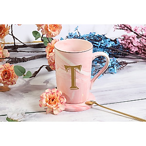 Letter T Personalized Initial Marble Coffee Mug for Women, Bridal Shower Gifts, Man and Women's Initials Gifts 14 Ounce Pink With Gift Box