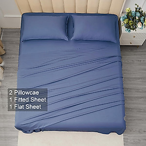 WODFAMY Cooling Breathable Rayon Full Size Bed Sheets Set 225 Thread Count Super Silky Soft Bedding Sheet Sets with 16 Inch Deep Pocket, 4 Piece Grey Blue