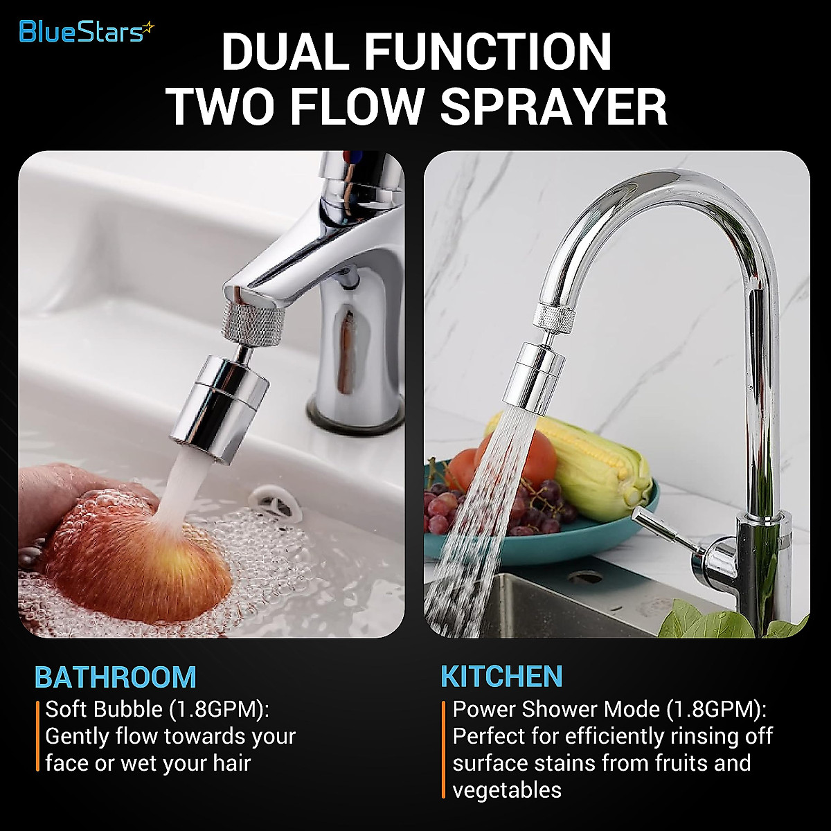 BlueStars Ultra-durable 360° Swivel Kitchen Sink Aerator - Dual-function 2-Flow Sprayer Faucet Head - Water Saving Tap Aerator Faucet Nozzle for Kitchen/Bathroom/Faucet