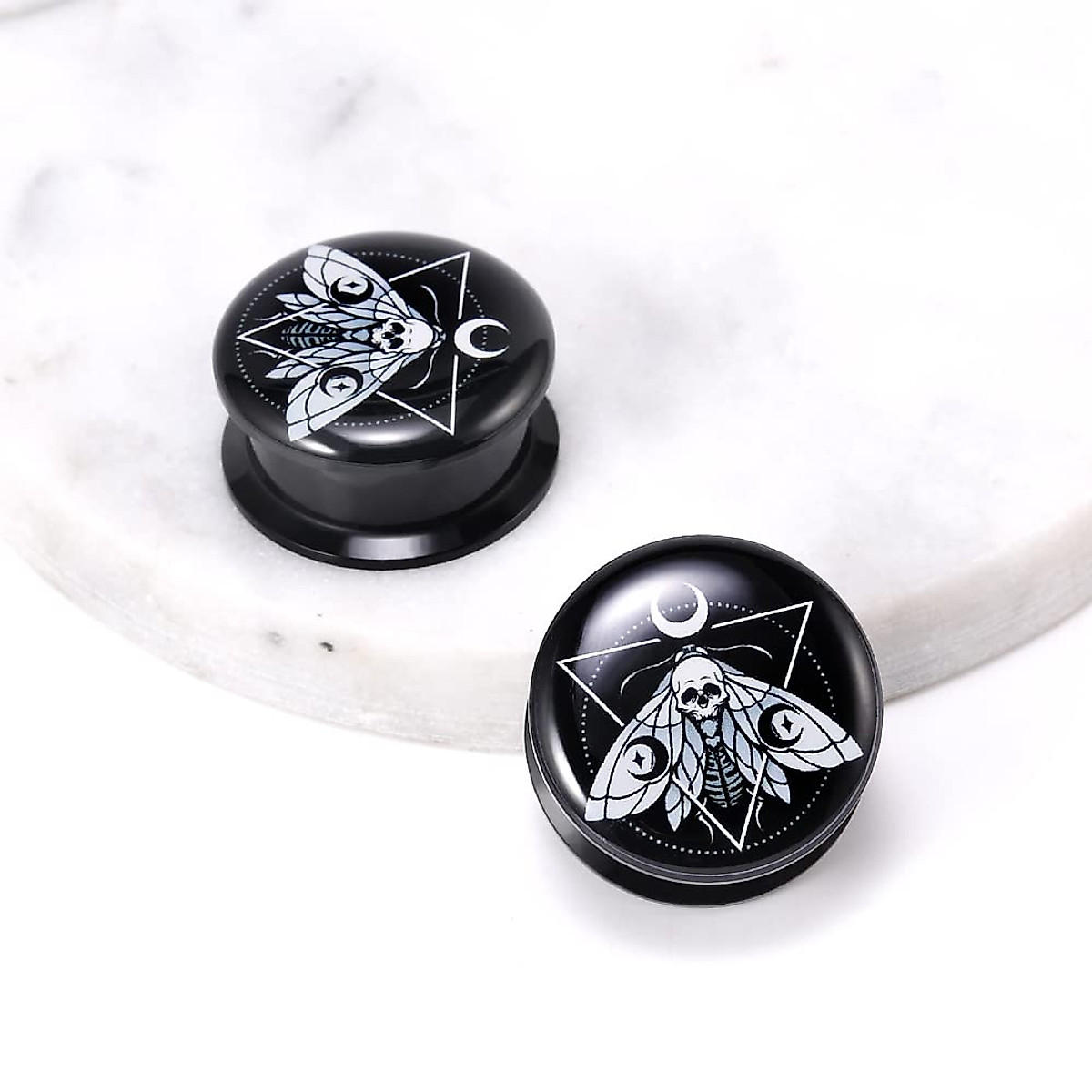 POBAISITER 1 Pair Acrylic Solid Screw Fit Ear Gauges Tarot Death Moth And Ornament Of Moon And Sun Phases 2g- 1 Inch LOGO Drawing Allergy Free For Women For Men Body Piercing Jewelry