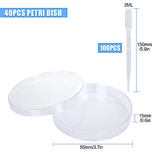 40Pack Plastic Petri Dishes Set, 4 Inch Culture Dish Plates with Lids, Clear Culture Plates with 100Pcs 3ml Transfer Pipe for School Studies, Science Projects, Art Projects
