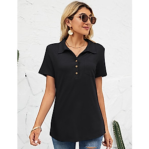 TFSDOD Womens Casual Polo T Shirts V Neck Short Sleeve Button Down Business Casual Tops Loose Work Blouses Black S