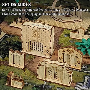 Dungeon Door & Portcullis Gate Miniatures (Set of 4) Wooden Laser Cut Open and Closed Fantasy Terrain 28mm Scale for Dungeons & Dragons, Pathfinder, D&D and Other Tabletop RPG