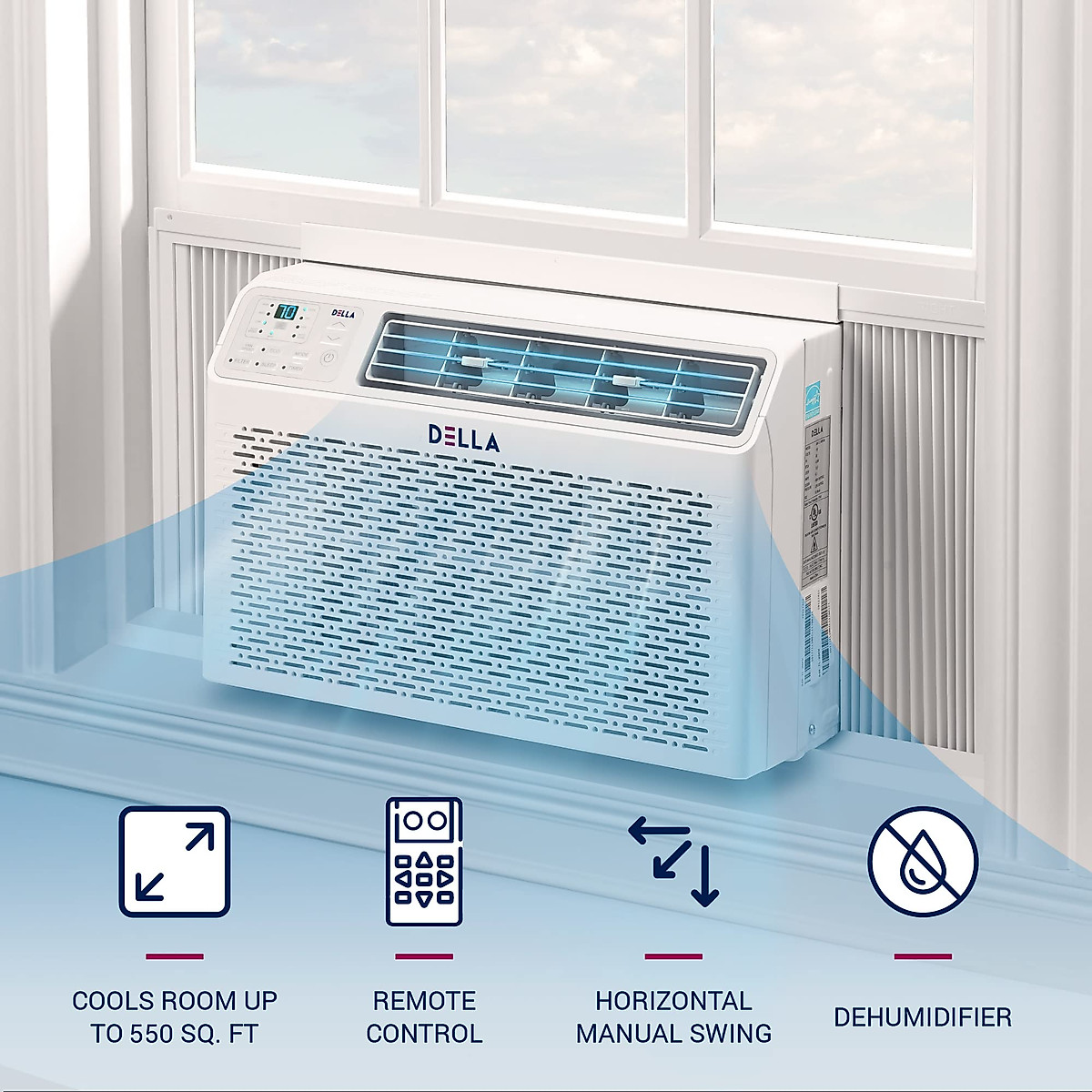 DELLA 12000 BTU 115V/60Hz Energy Saving Window Air Conditioner, Whisper Quiet AC Unit with Smart Controls, Remote, Dehumidifier, Fan, Cools Up to 450 Square Feet
