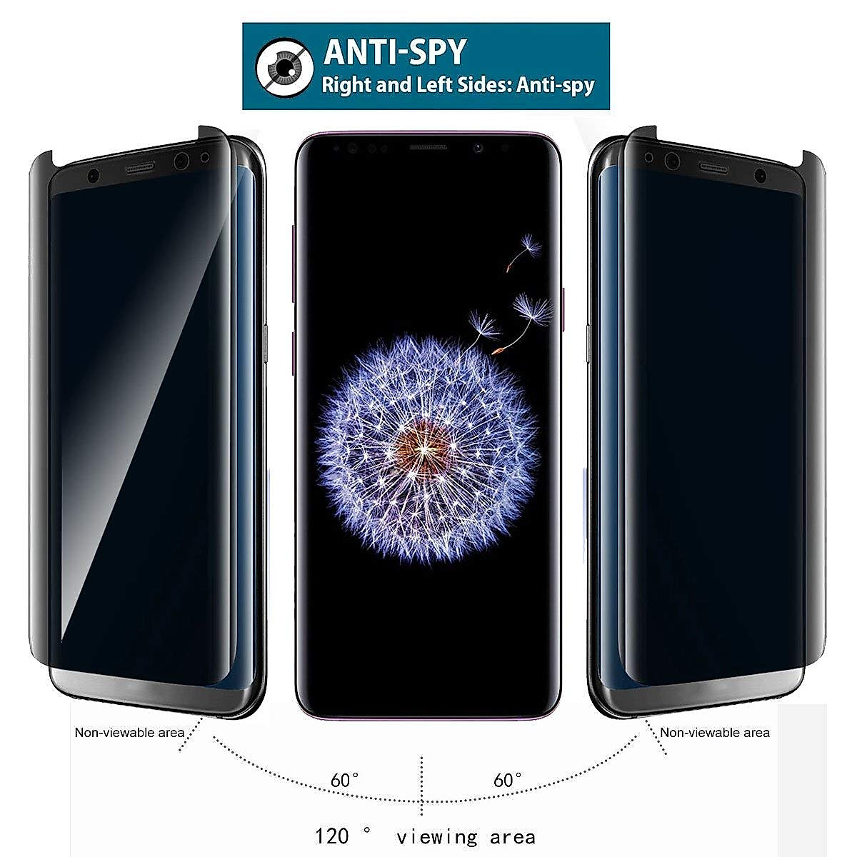 [2-Pack] SUKER Galaxy S9 Privacy Tempered Glass Anti-Spy Screen Protector [3D Curved] [Case Friendly] [9H Hardness] for Samsung Galaxy S9 (5.8"), Anti-Scratch, Bubble Free