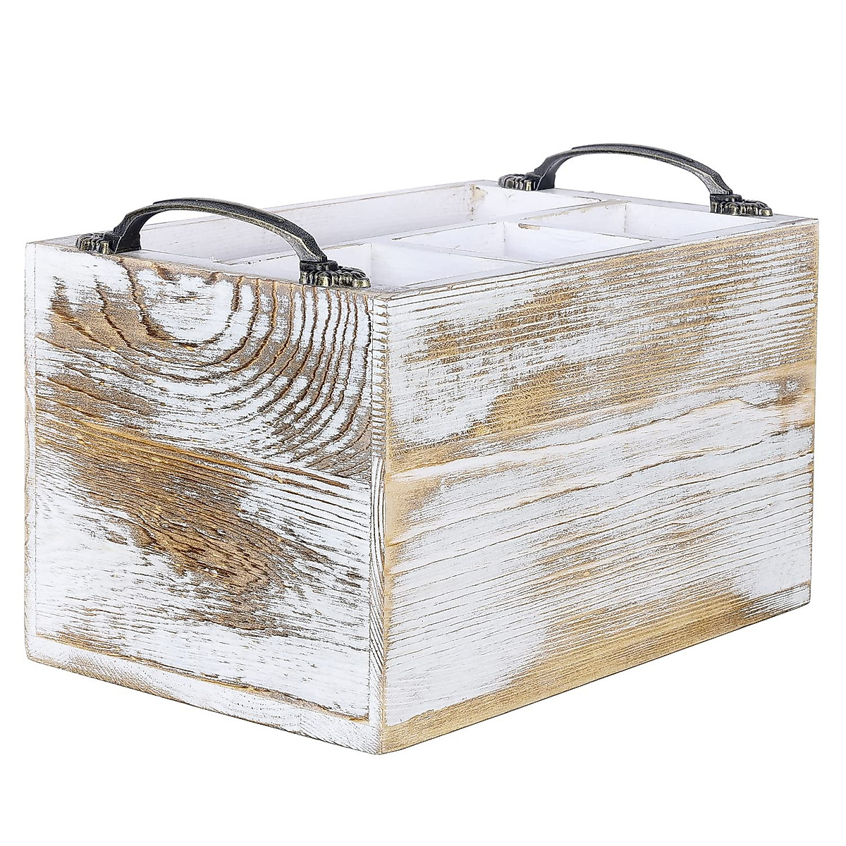 MyGift Vintage White Wood Dining Utensil Caddy and Napkin Holder - 4 Compartment Flatware Serving Storage Organizer with Antique Style Metal Handles