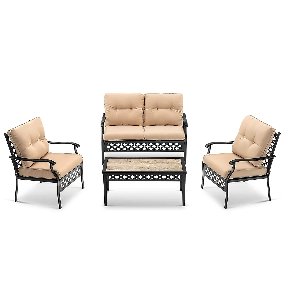 ivinta 4 Pieces Outdoor Furniture Sets Patio Furniture Set with Coffee Table, Modern Wrought Iron Bistro Set, Sectional Conversation Sets for Home, Garden, Patio, Lawn, Poolside, STEEL14-BG (Beige)