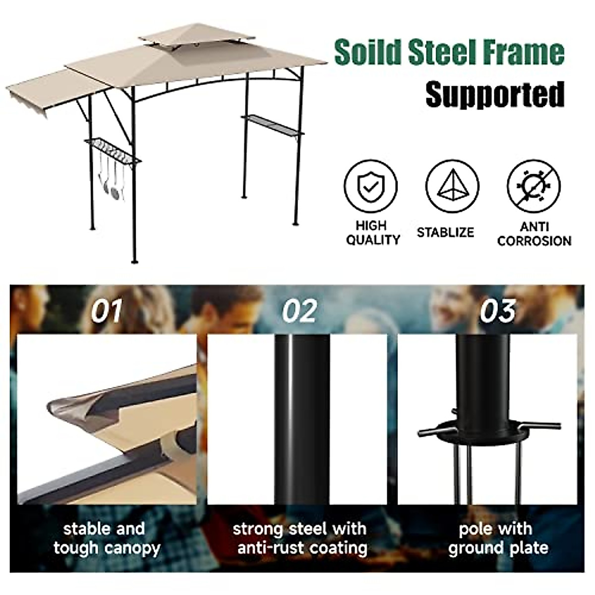 DikaSun Grill Gazebo 11x5 Double Tiered with Extra Shadow BBQ Waterproof Canopy Outdoor Gazebos for Patio, Backyard(Sand)