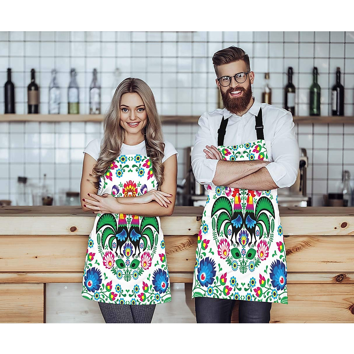 Wondertify Polish Floral Folk Art Apron,Square Pattern with Rooster Lowicz Cutouts Patterns Green Bib Apron with Adjustable Neck for Men Women,Suitable for Home Kitchen Cooking Bistro Baking BBQ Apron