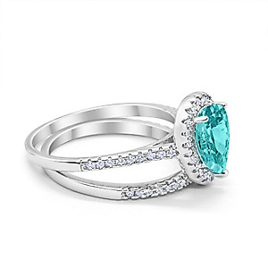 Blue Apple Co. Simulated Paraiba Tourmaline CZ Size-5 Teardrop Pear Bridal Set Wedding Engagement Ring Band Round Simulated Cubic Zirconia 925 Sterling Silver