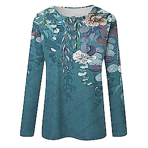 Women's Tops Fall Comfortable Blouse Printed Loose Fit Pullover Casual Tunic Button Down Full XL Mattress Topper Shirt Long Sleeve Tshirt Neck Shirts for Women（4-Blue,Small）