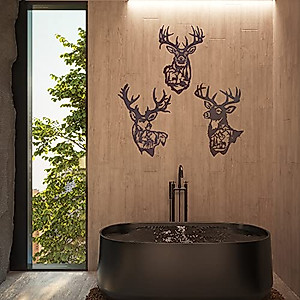 BVLFOOK 16 Inch Large Metal Deer Wall Art Decor, Rustic Cabin Decor, Hunting Decor for Home Bathroom Bedroom Lodge, Deer in the Forest Pine Tree, Set of 3