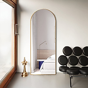 TinyTimes 64''x21'' Arched Full Length Mirror with Stand, Full Body Mirror, Mirror Full Length, Gold Floor Mirror Freestanding, Wall Mounted Mirror for Bedroom Living Room Cloakroom, Gold