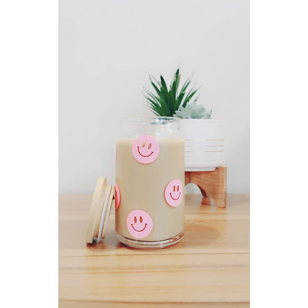 Iced Coffee Glass Cup with Bamboo Lid and Straw | 16oz Beer Can Glass | beer glass Cup | Can Shaped Glass Soda Can Cup | Pink Smiley face Glass Cup, Beer Glass Can, Glass Coffee Cup