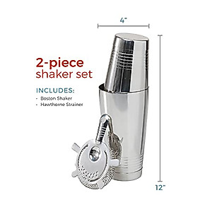 Crafthouse by Fortessa Classic Mixed Cocktail Drink Barware Shaker Set with Boston Shaker and Hawthorne Strainer, 2 Piece Set, Stainless Steel, CRFCC.SHAKERSET
